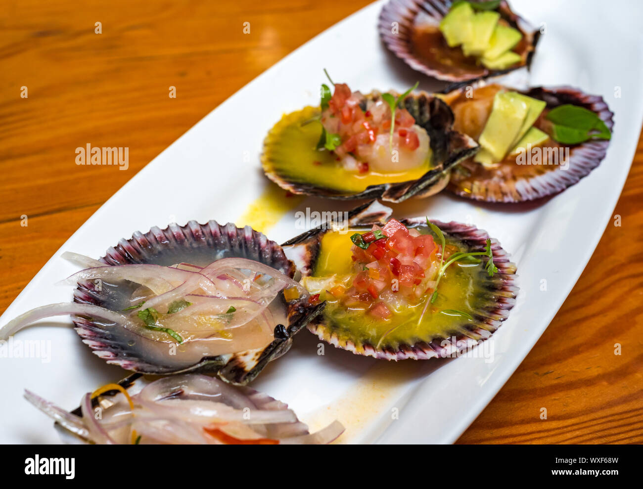 fresh scallops new peruvian cuisine style Stock Photo - Alamy