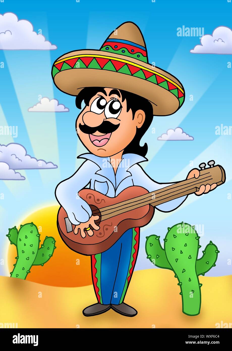 Mexican musician with sunset - color illustration Stock Photo - Alamy