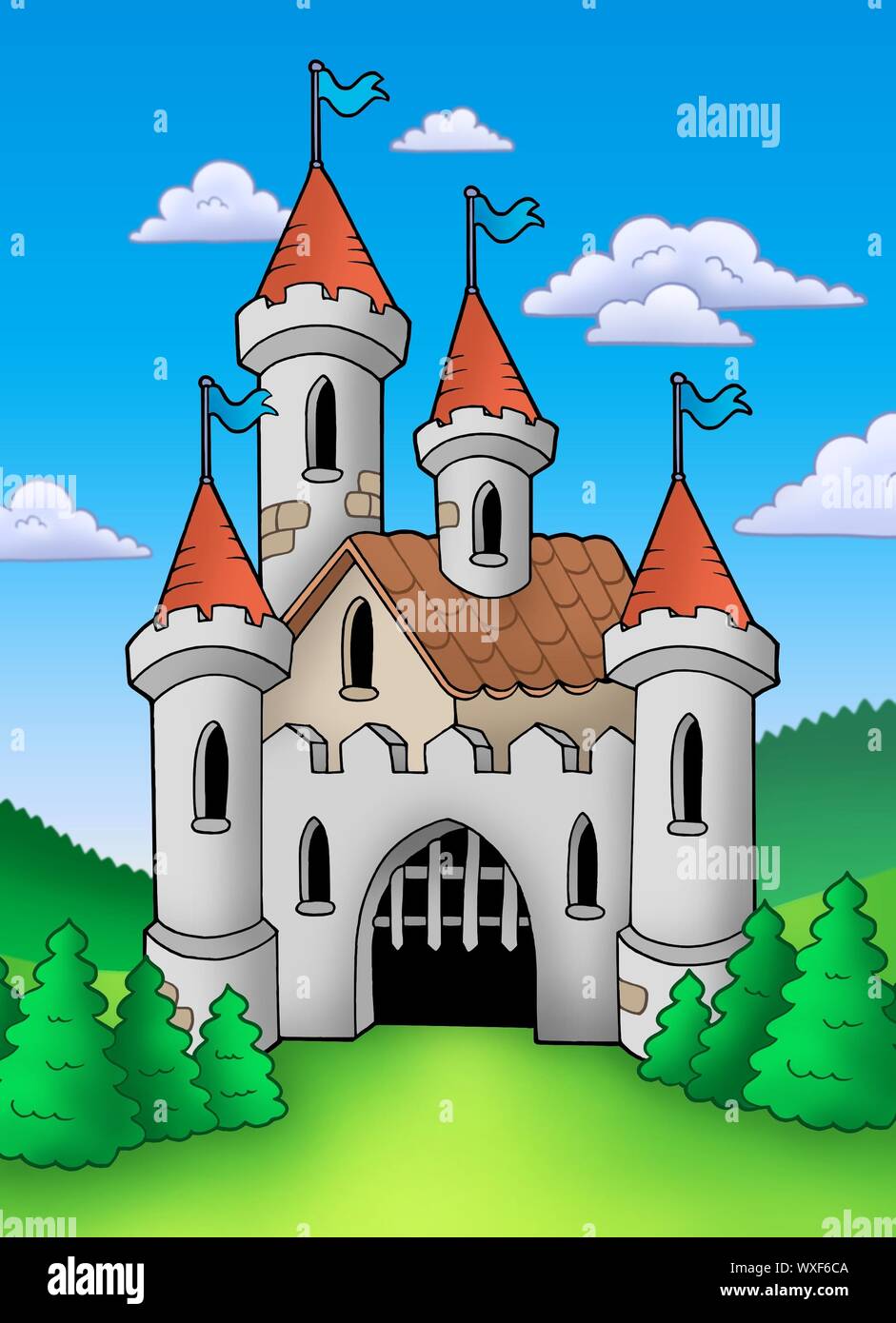 Old medieval castle in landscape - color illustration Stock Photo - Alamy