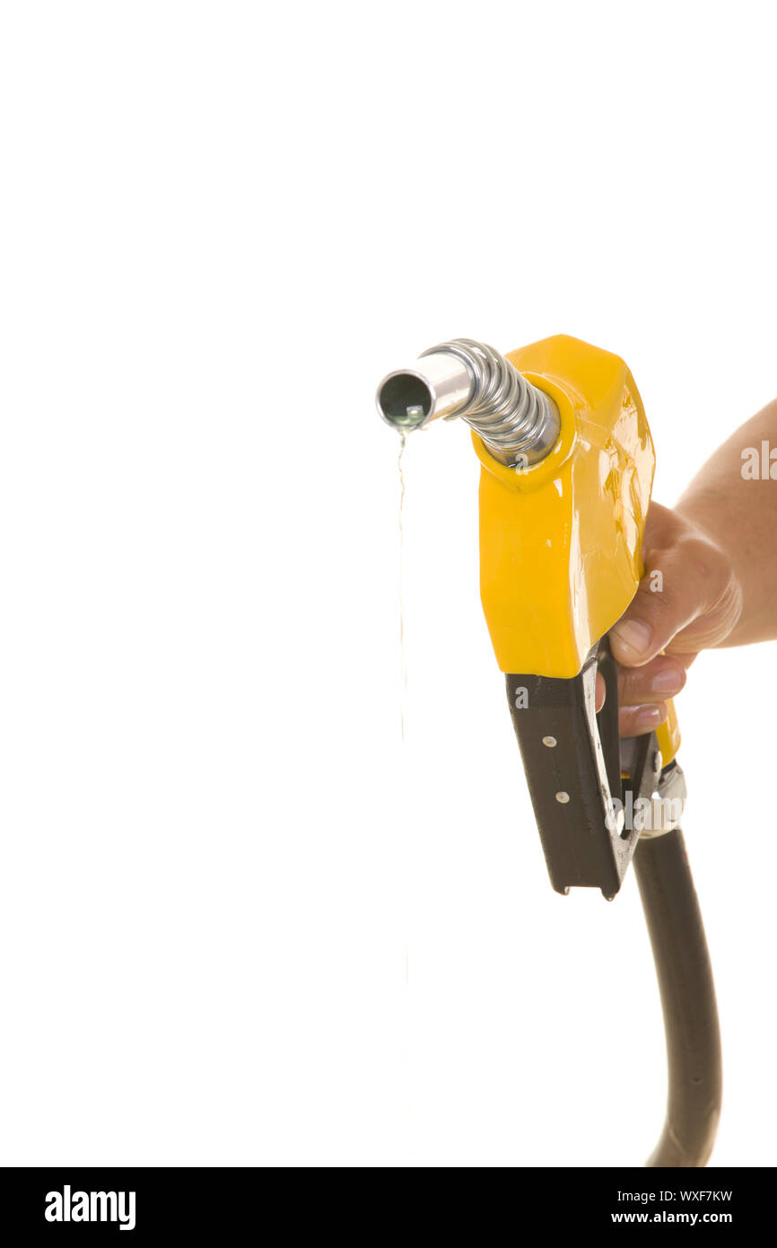 Male hand wasting gas with yellow pump isolated on white Stock Photo ...