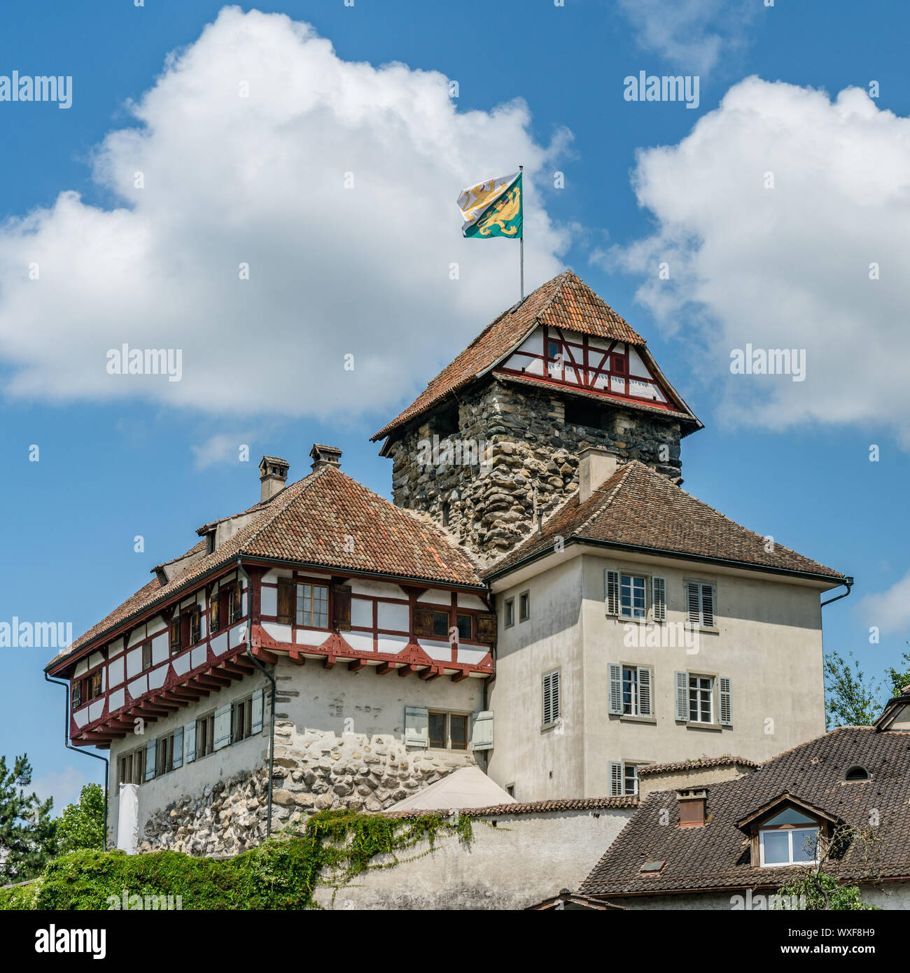 view of the historic half-timbered medieval castle in the city of ...