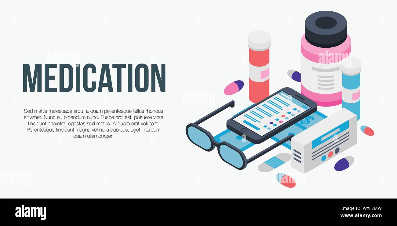 Medication concept banner. Isometric illustration of medication vector ...