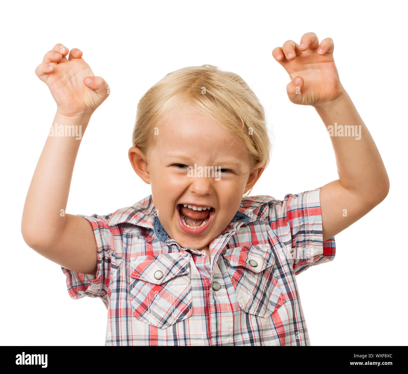 A angry hyperactive young boy yelling. Isolated on white Stock Photo ...