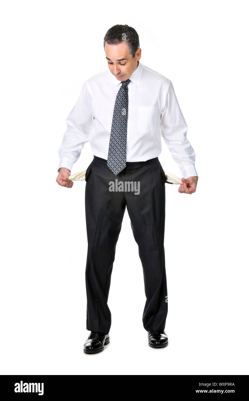 Broke business man in suit isolated on white background Stock Photo - Alamy