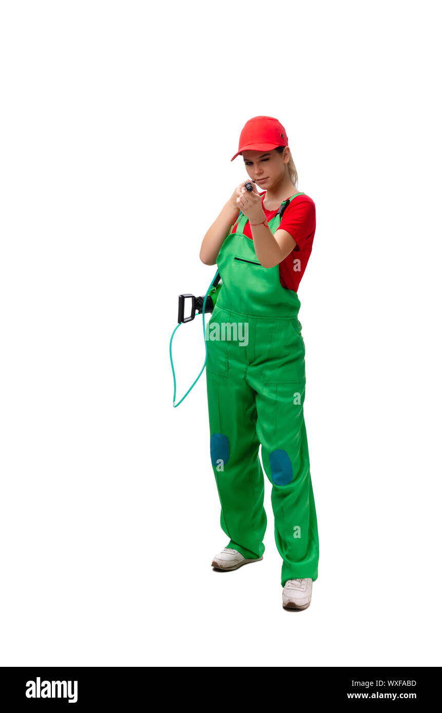 Female pest control contractor isolated on white Stock Photo - Alamy