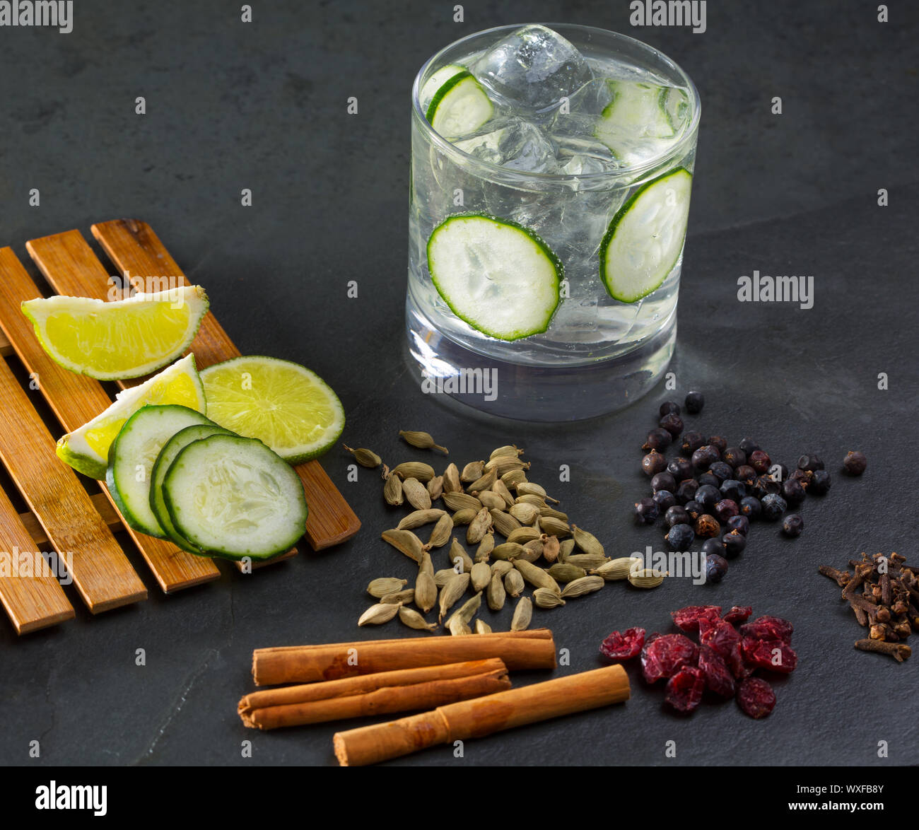 Gin tonic cocktail with lima cucumber cloves cardamom cinnamon and ...