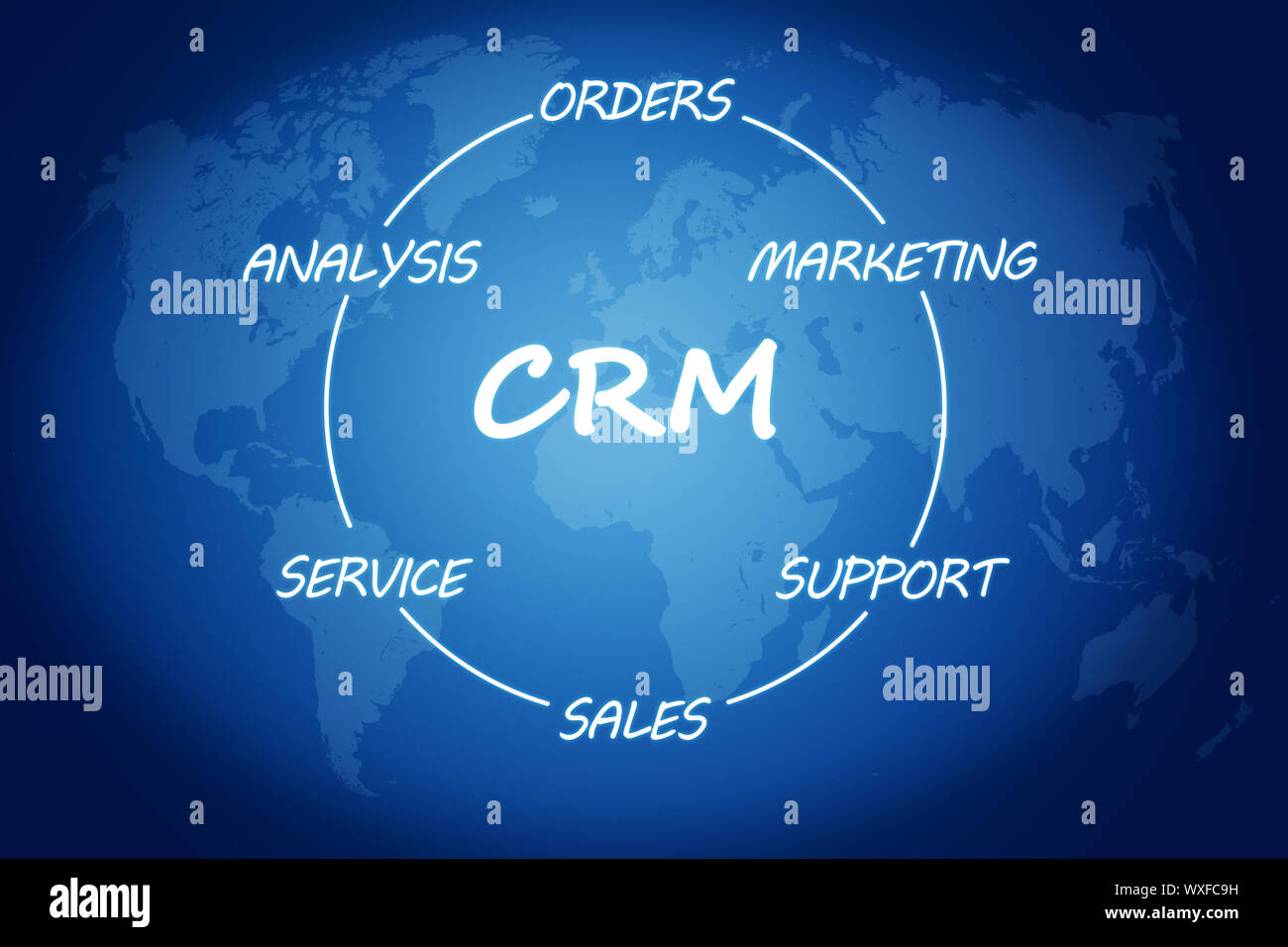 Customer Relationship Management concept on blue background with world ...