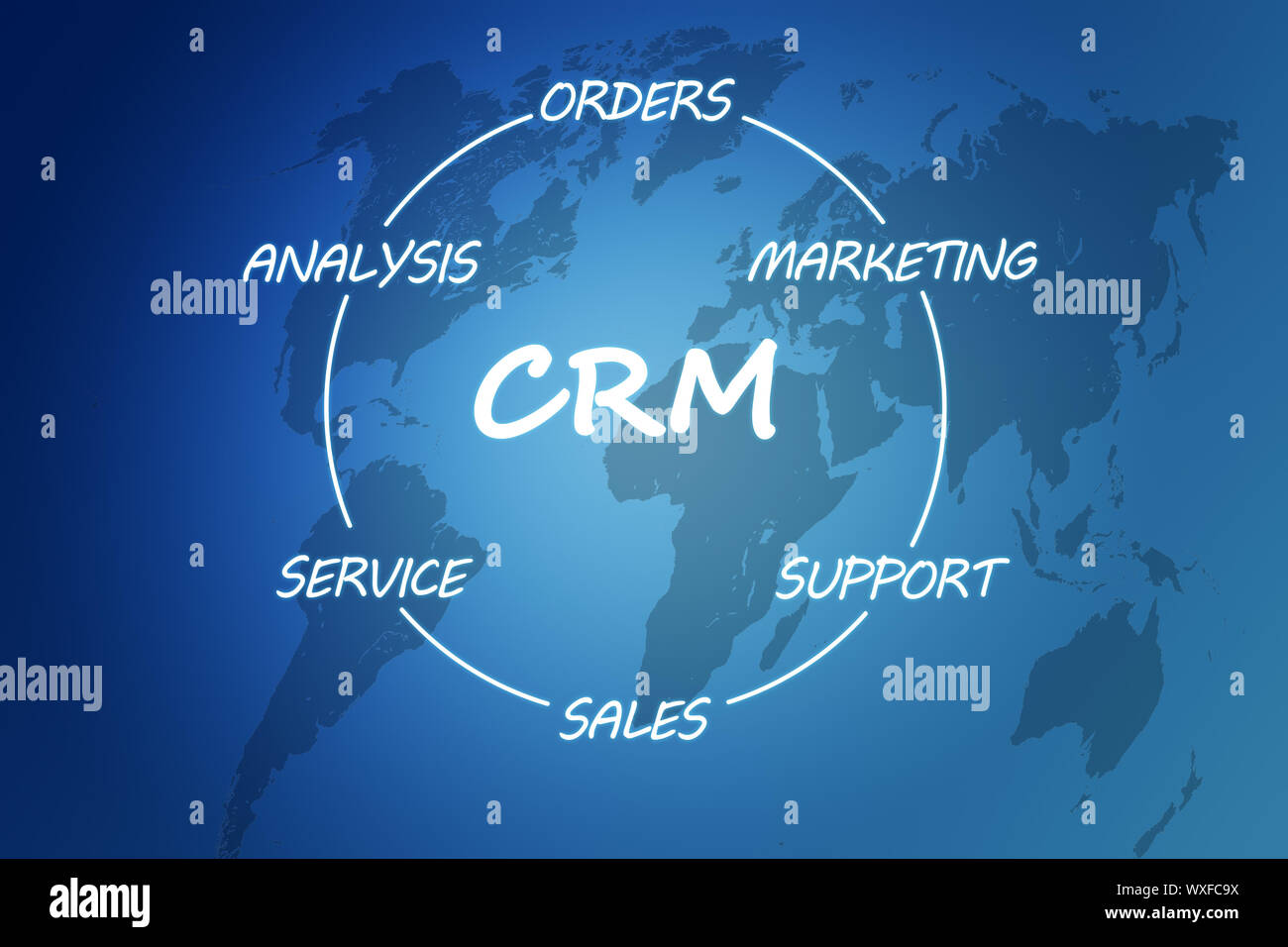 Customer Relationship Management concept on blue background with world ...