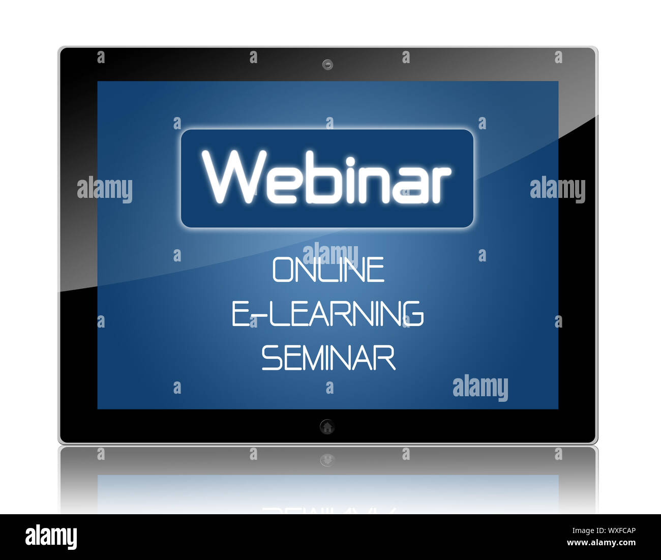 e-learning concept - tablet pc with webinar button for online e ...