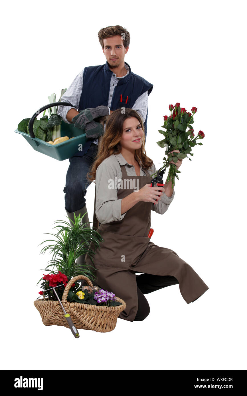 a male vegetable farmer and a female florist Stock Photo - Alamy