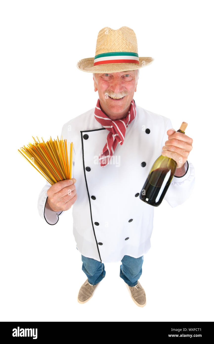 Funny Italian cook with pasta and wine Stock Photo - Alamy