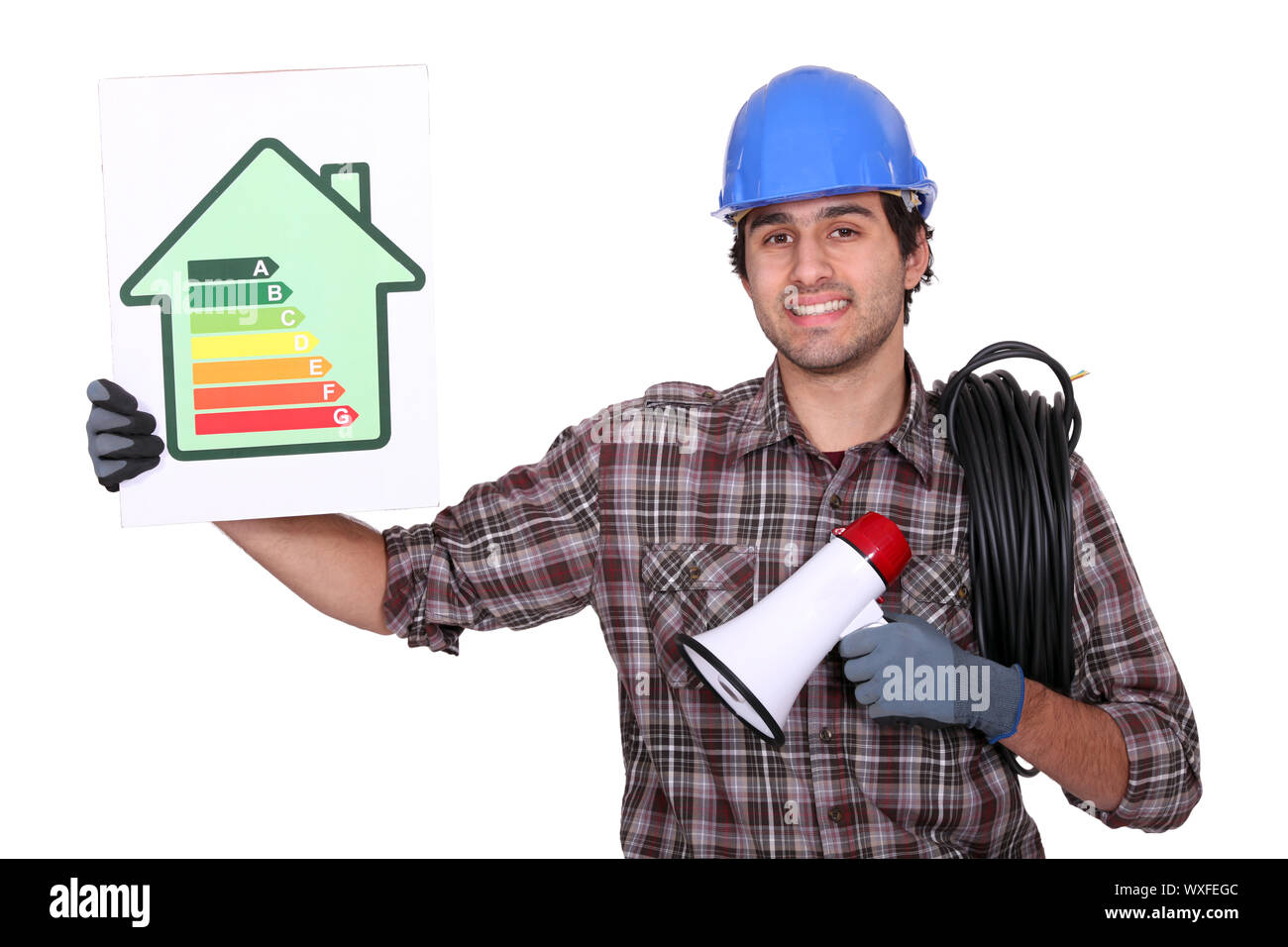 Electrician stood with energy efficiency poster and megaphone Stock ...