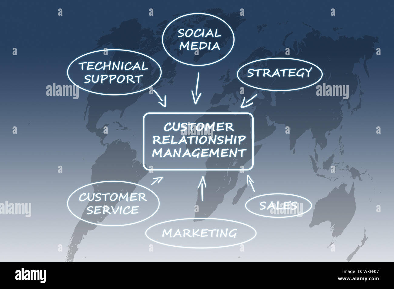 Customer Relationship Management concept on blue background with world ...