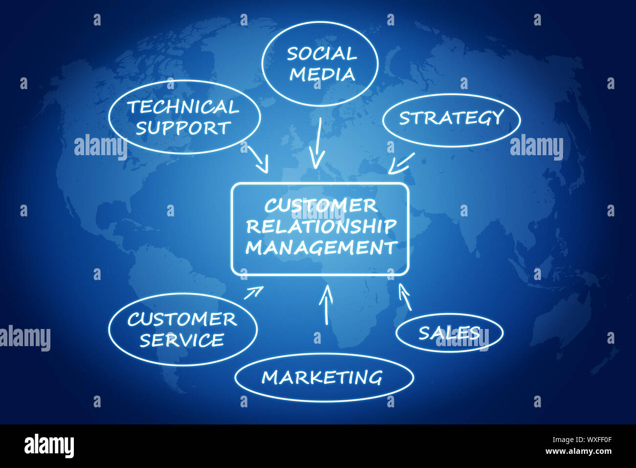 Customer Relationship Management concept on blue background with world ...