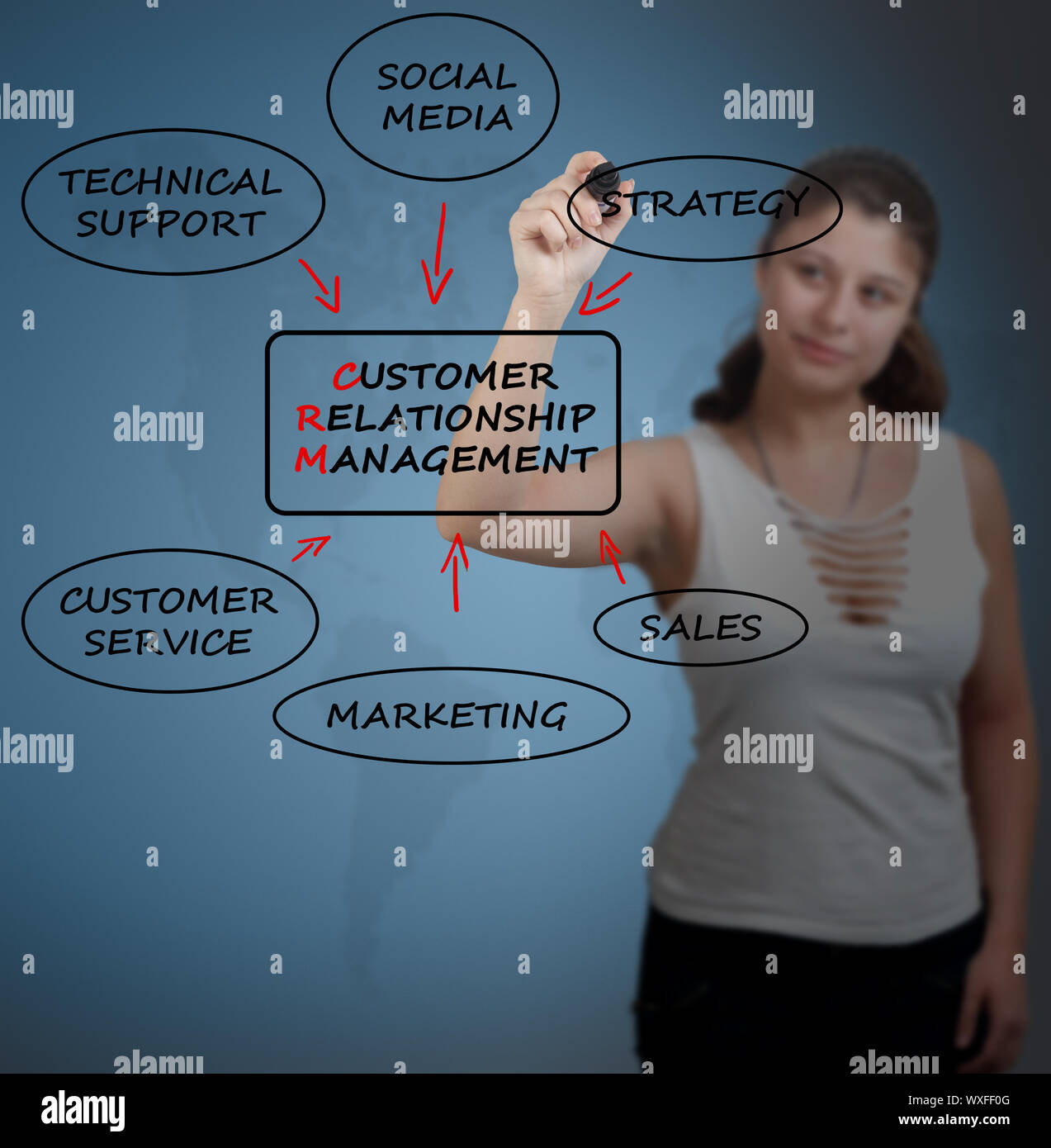 Young businesswoman drawing customer relationship management process ...