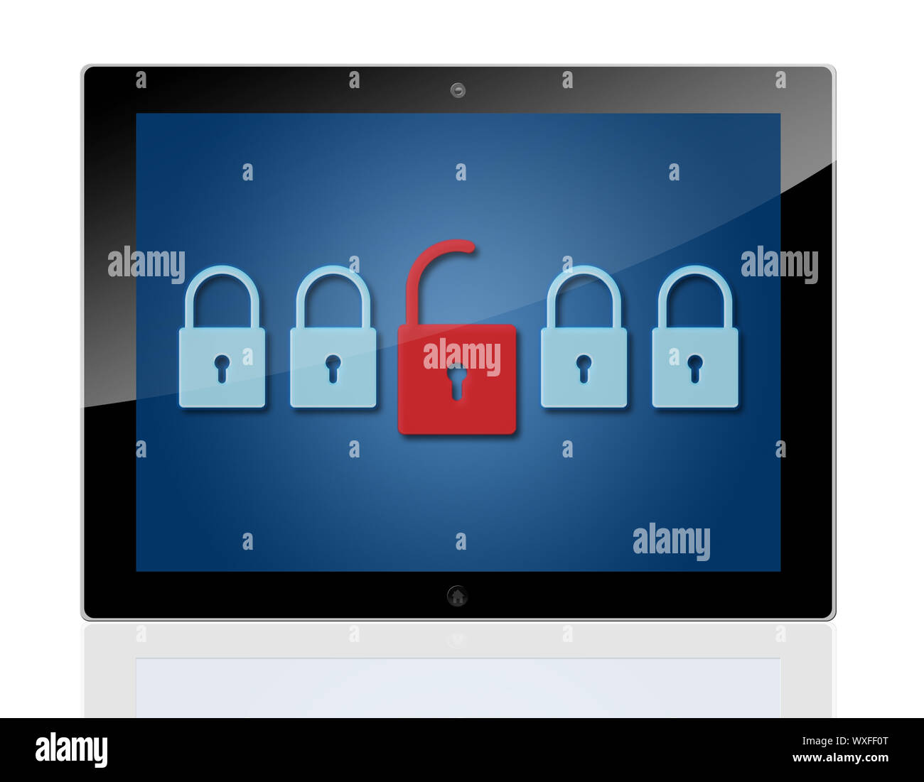 security concept - Tablet PC with Locks on blue screen Stock Photo - Alamy