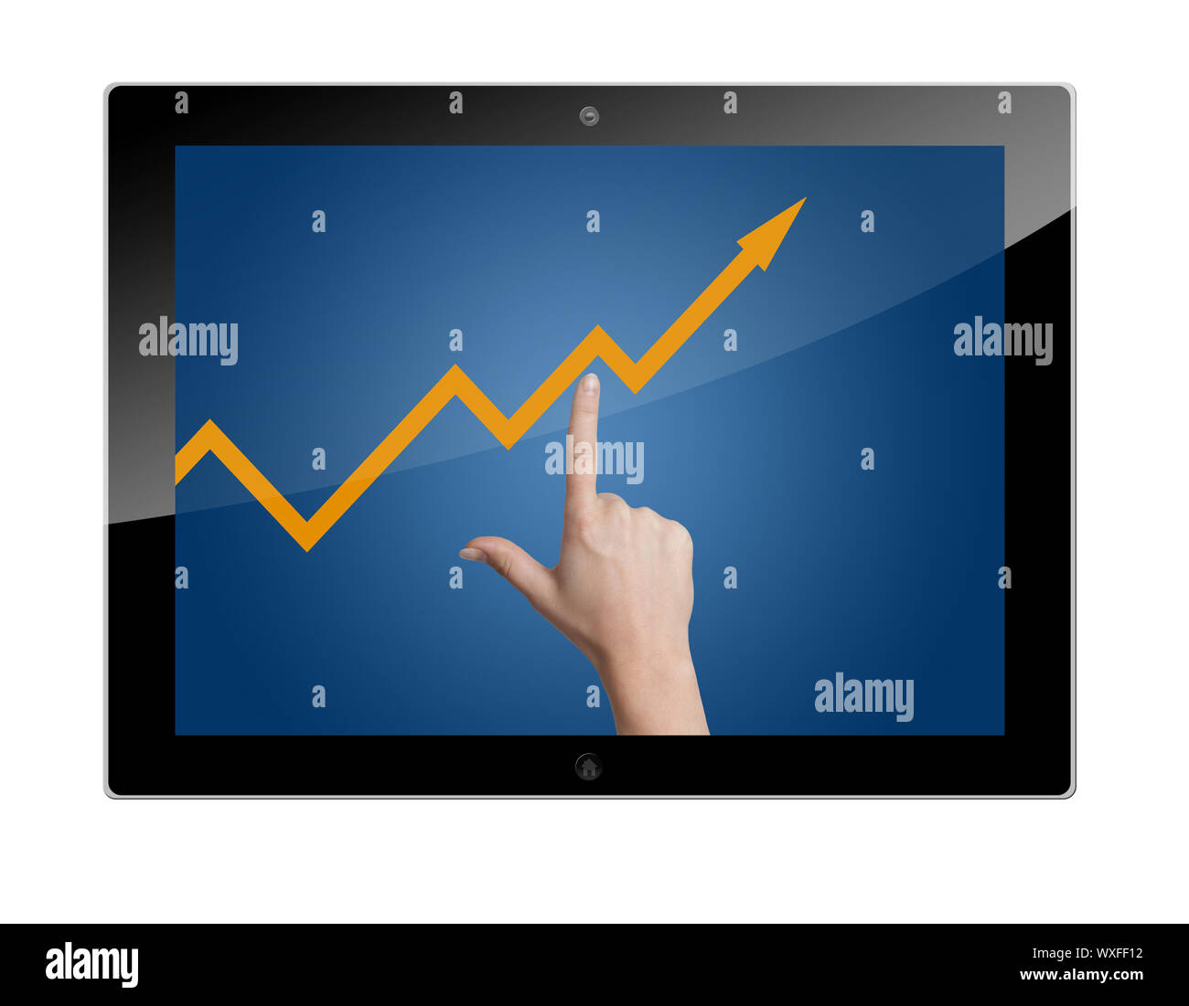 Tablet PC with a Finger point to a diagram arrow Stock Photo - Alamy
