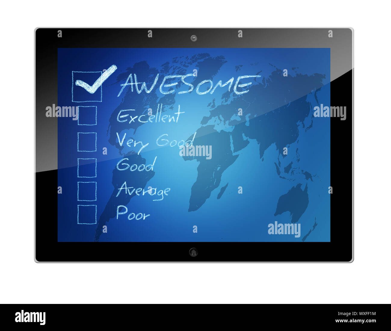 Tablet PC with Rating - assessment checkbox concept on blue background ...
