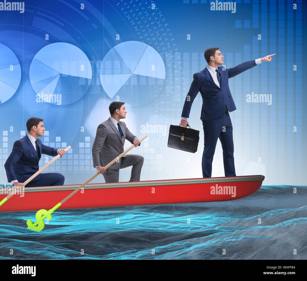 Team of businessmen in teamwork concept with boat Stock Photo - Alamy