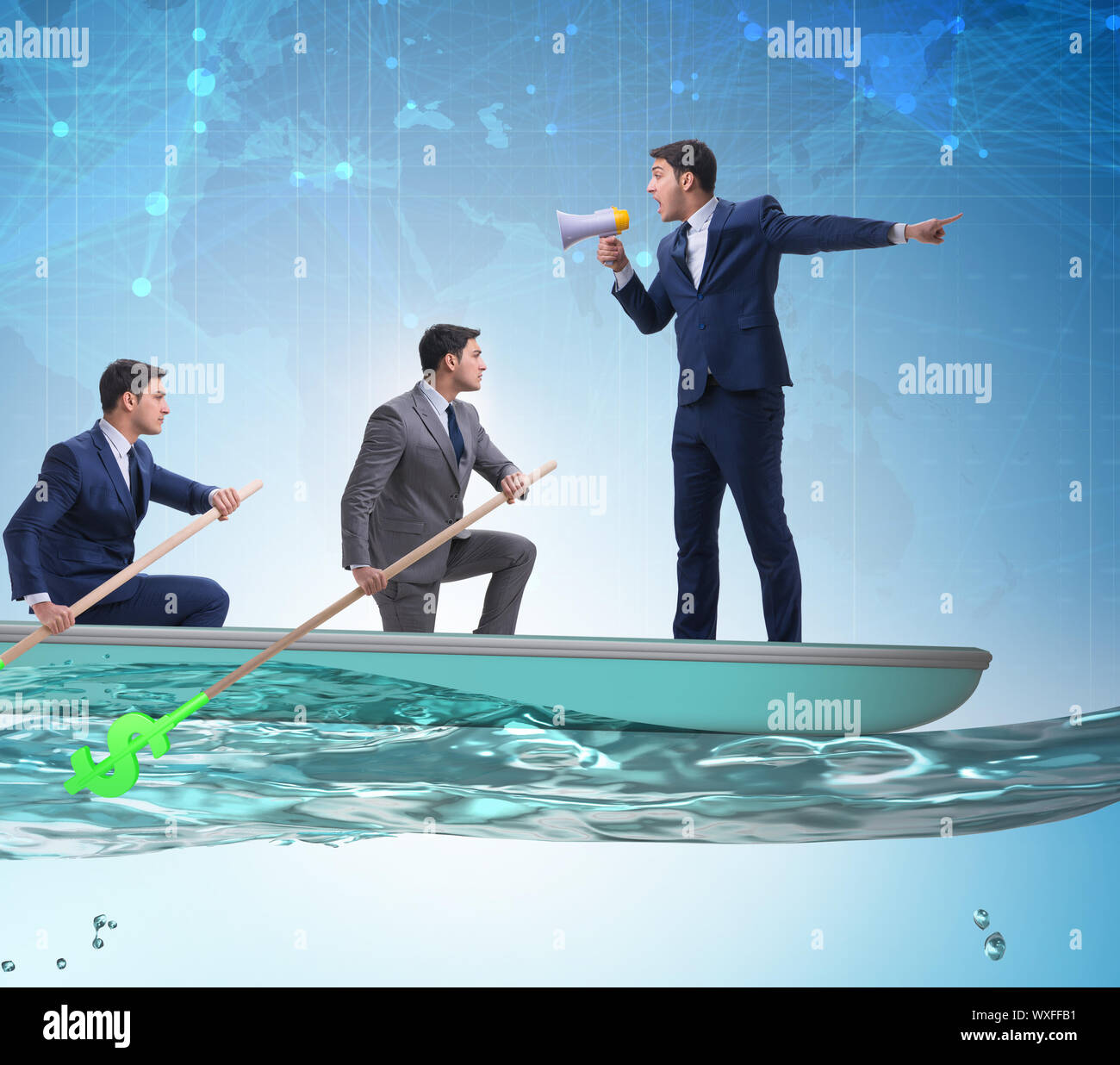 Team of businessmen in teamwork concept with boat Stock Photo - Alamy