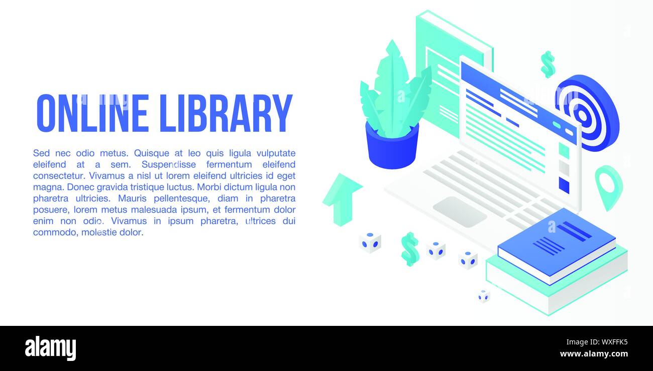 Online library concept banner. Isometric illustration of NAME vector ...