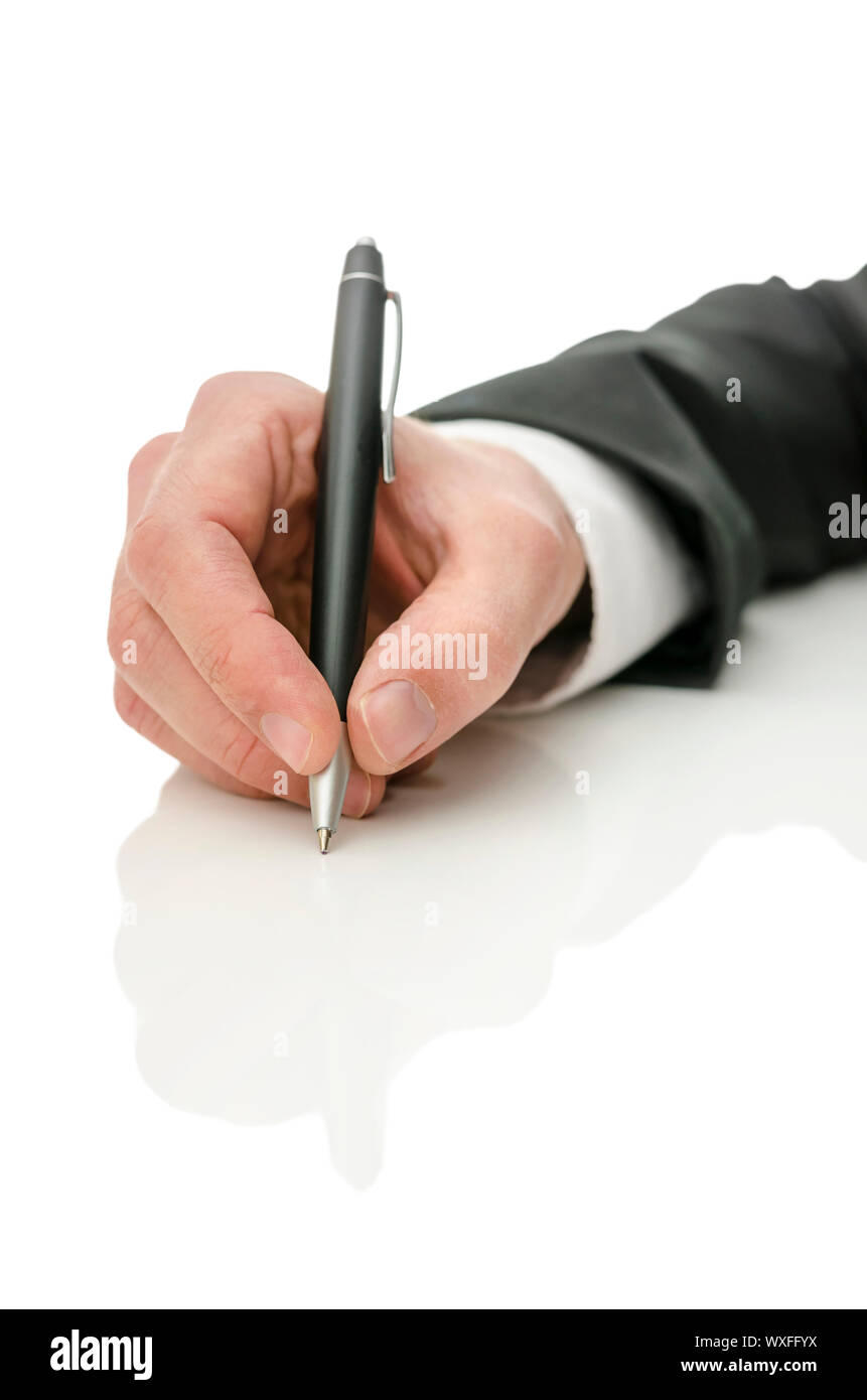 Detail of business man hand holding a pen. Isolated over white ...