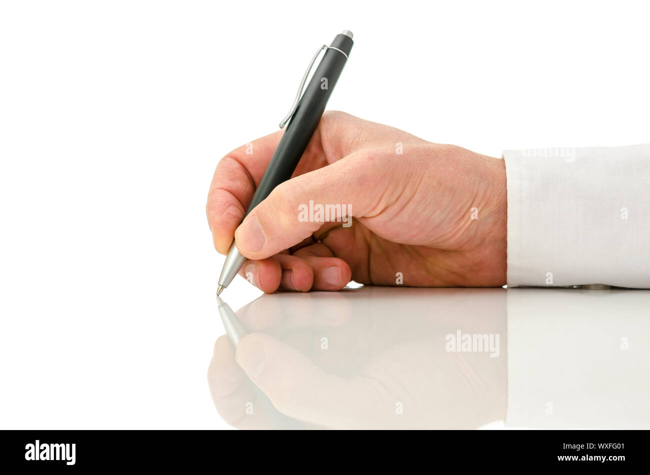 Detail of businessman hand writing. Isolated over white background ...