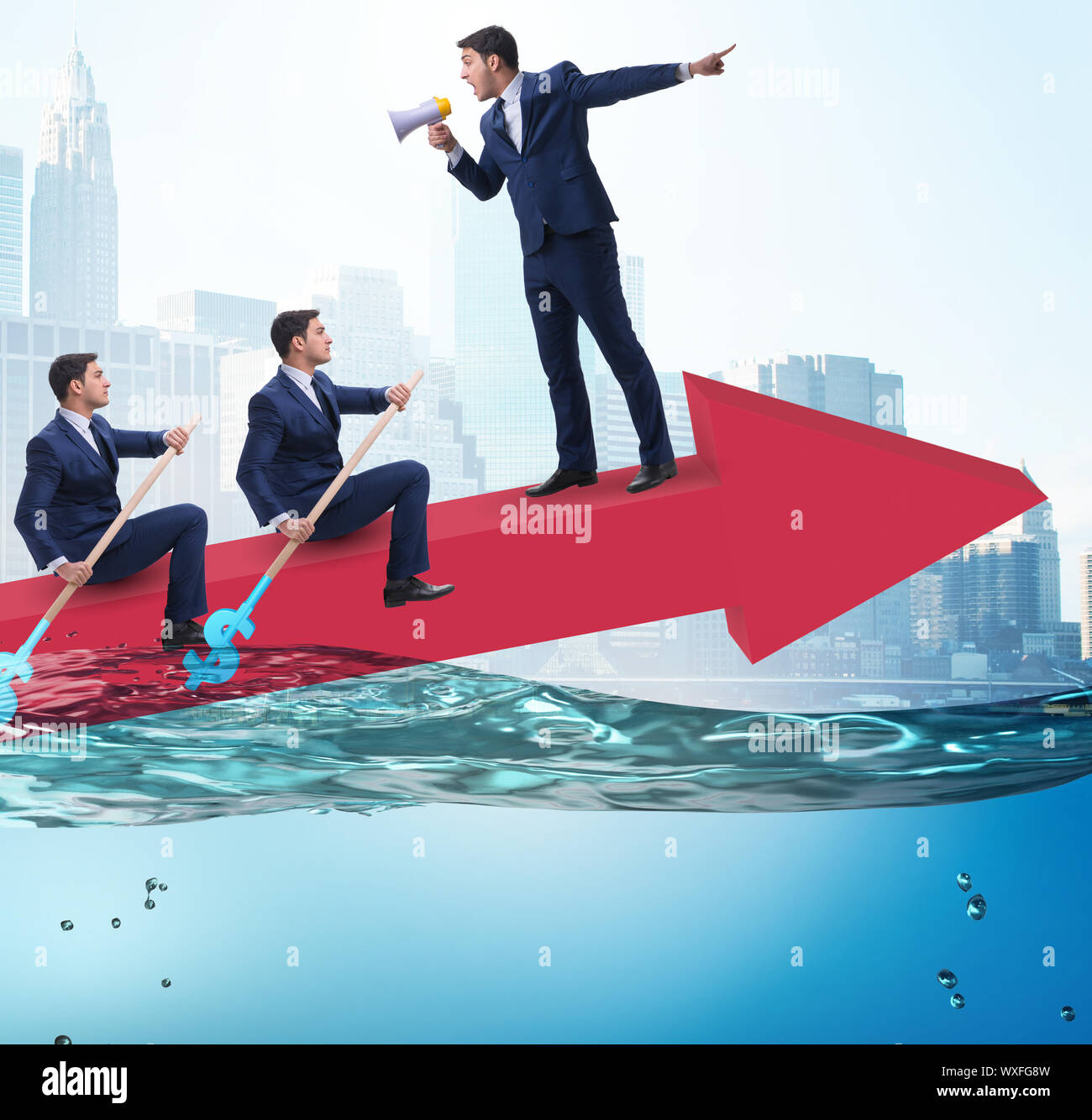 Teamwork concept with businessmen on boat Stock Photo - Alamy