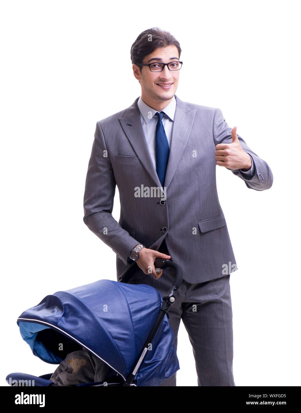 Young dad businessman with baby pram isolated on white Stock Photo - Alamy