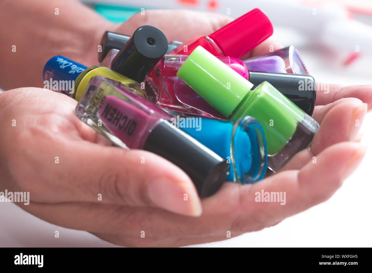 a collage of compositions of nail polish isolated on white Stock Photo ...