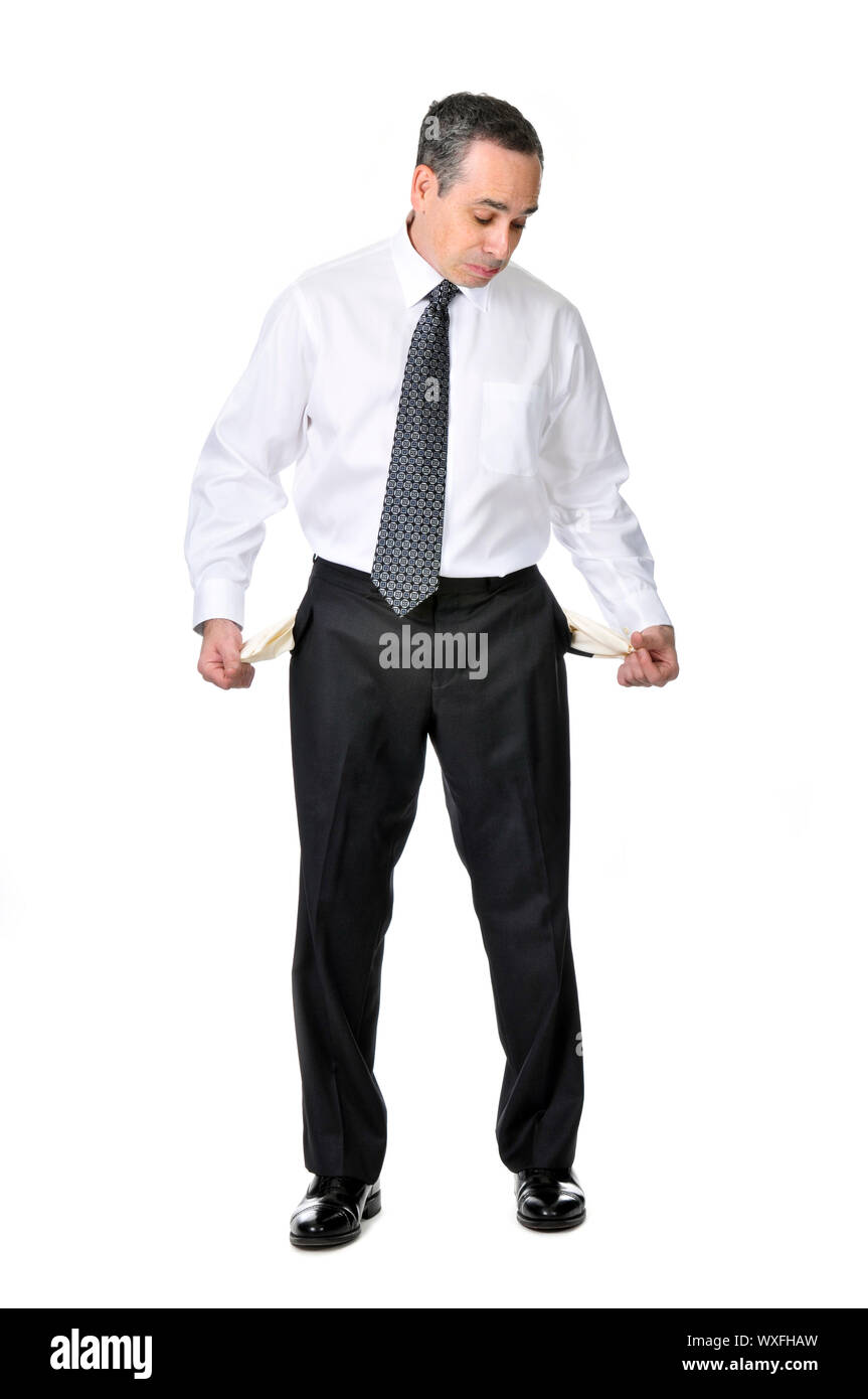 Broke business man in suit isolated on white background Stock Photo - Alamy