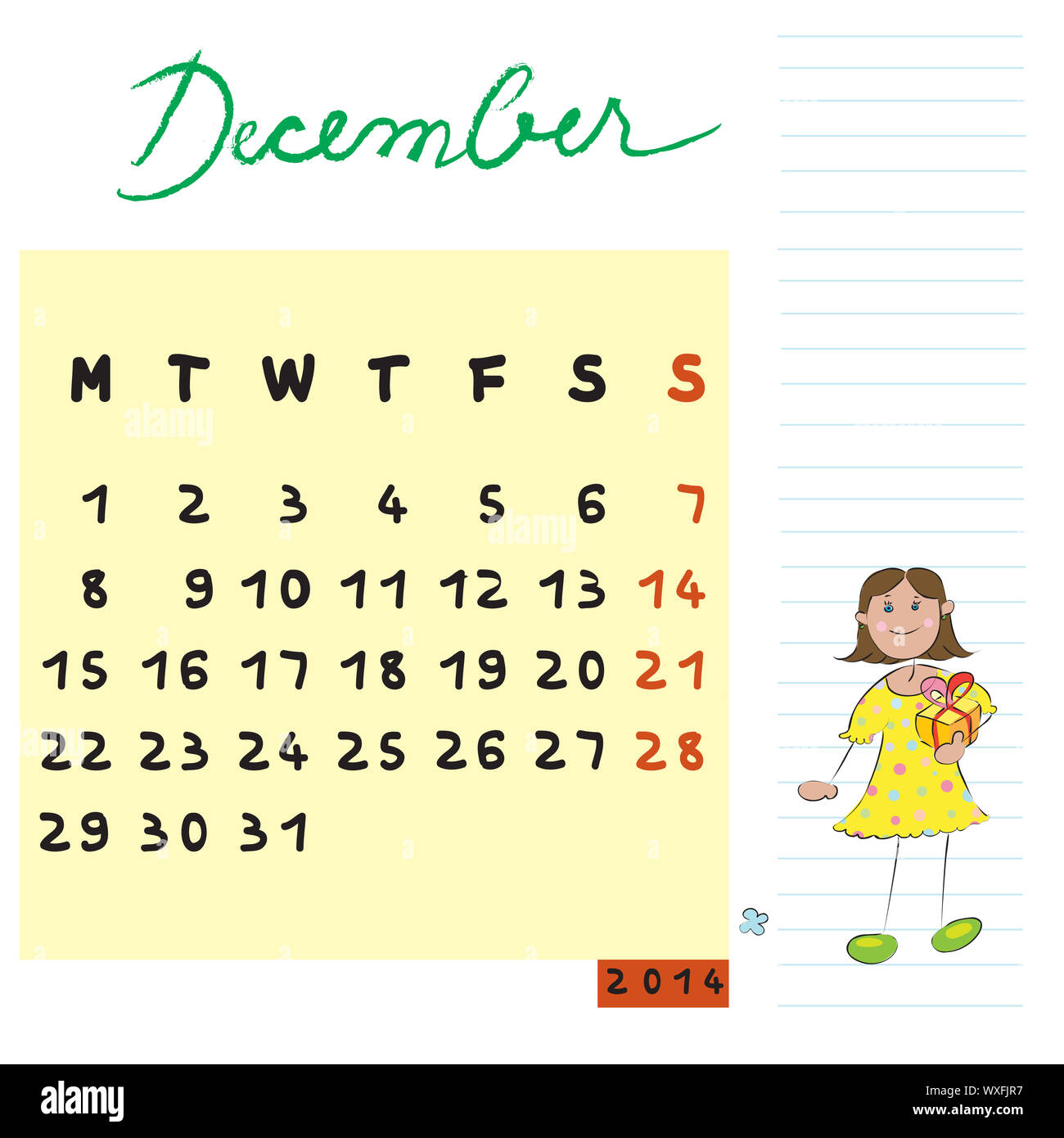 december 2014 illustration, hand drawn calendar design with kid, gifted ...
