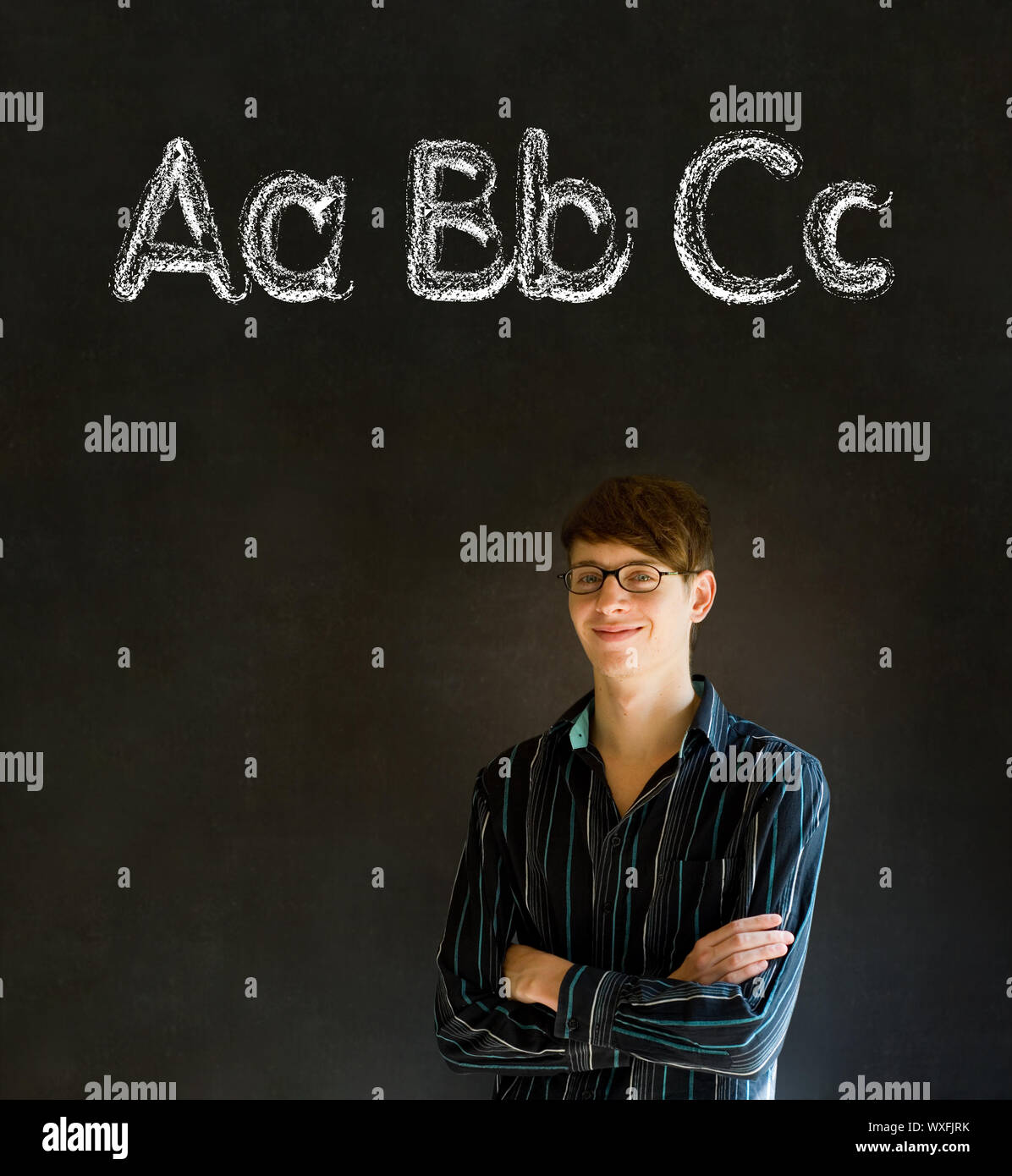 Learn alphabet write writing man teacher on chalk blackboard background ...