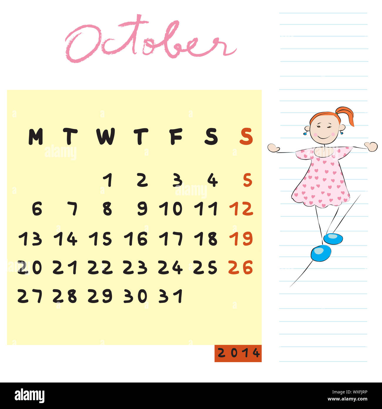 october 2014 calendar illustration, hand drawn design with kid, the ...