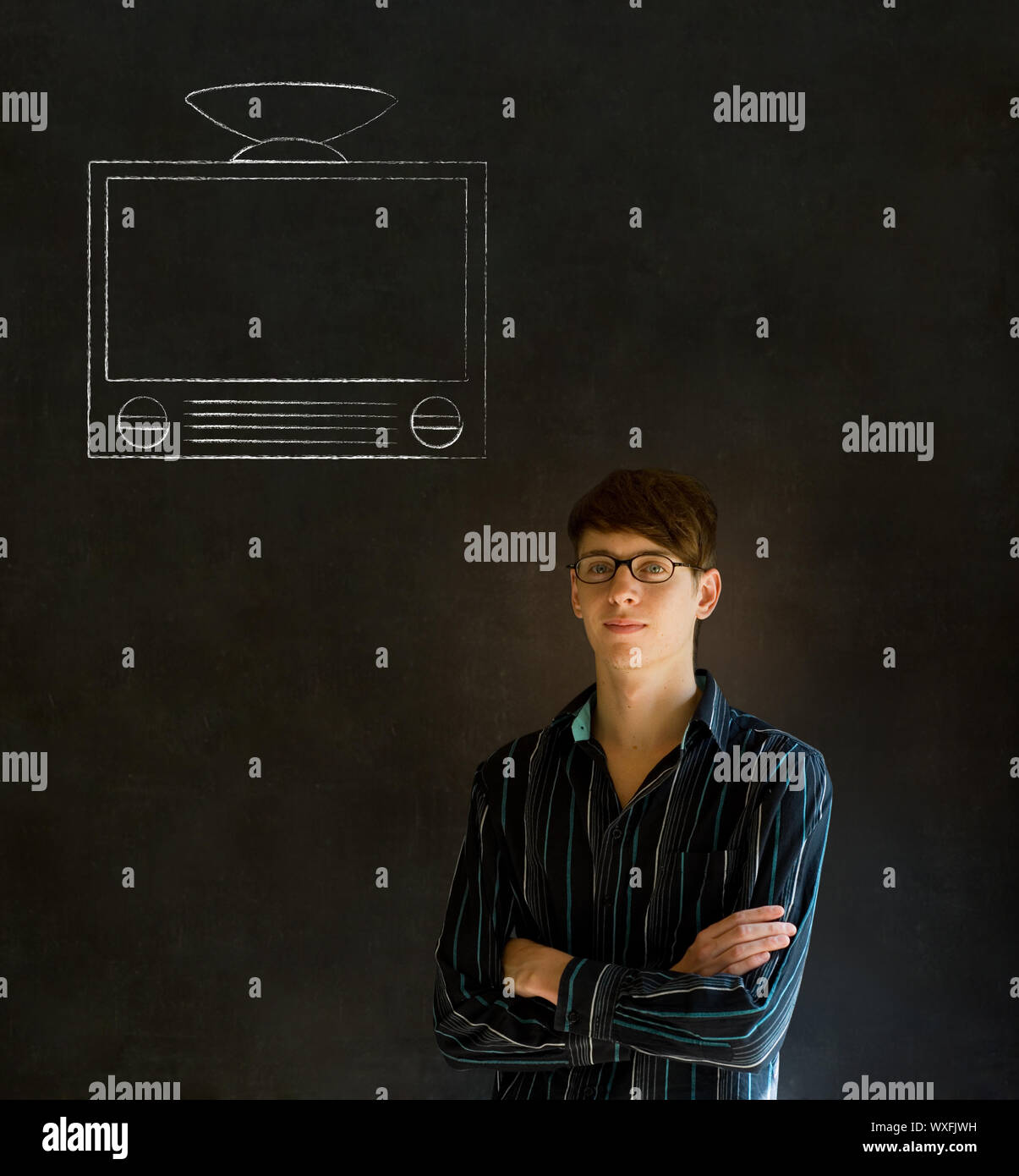 Businessman, teacher or student with with chalk tv television on ...