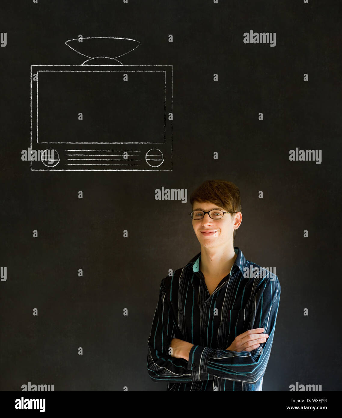 Businessman, teacher or student with with chalk tv television on ...