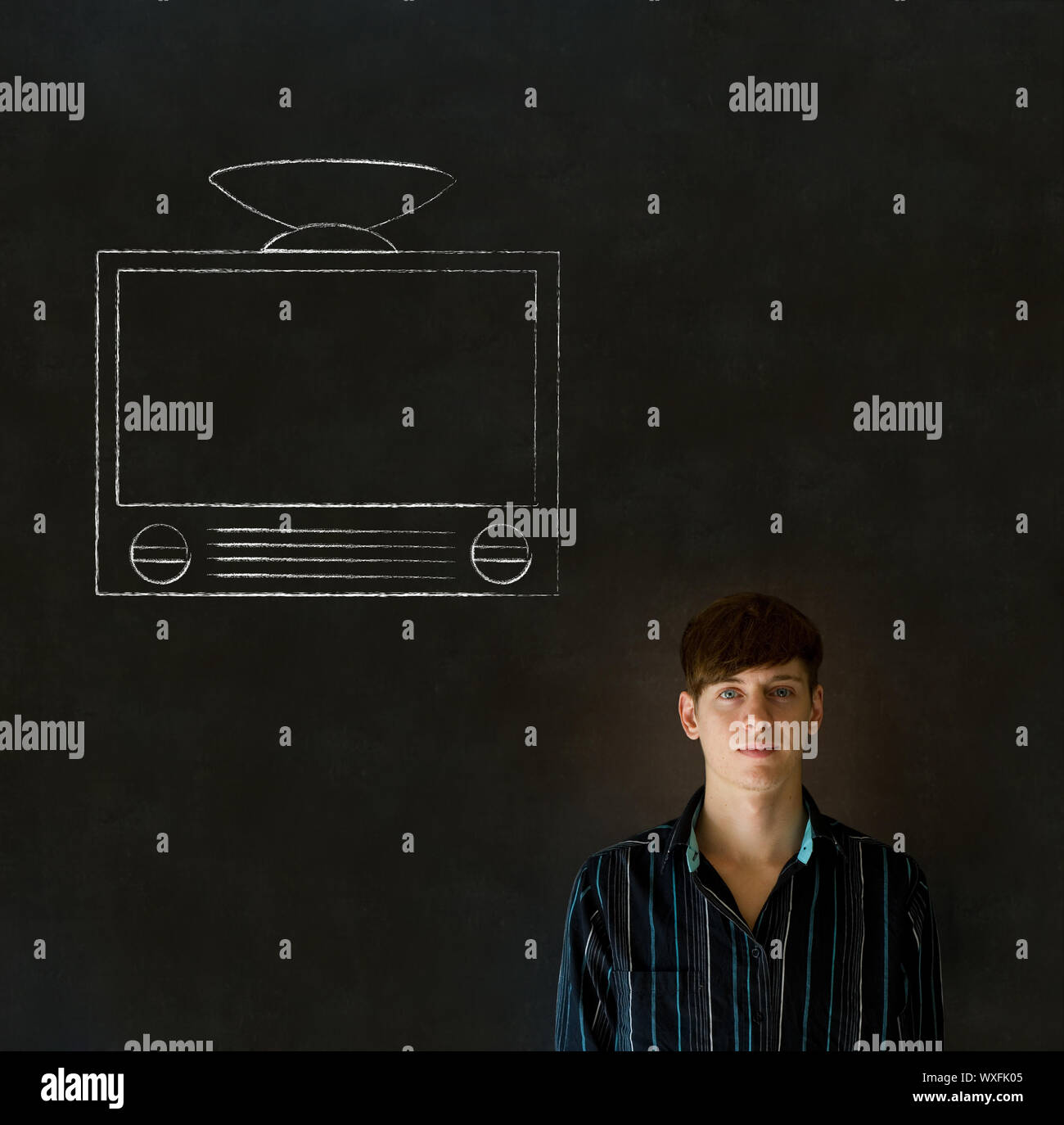 Businessman, teacher or student with with chalk tv television on ...