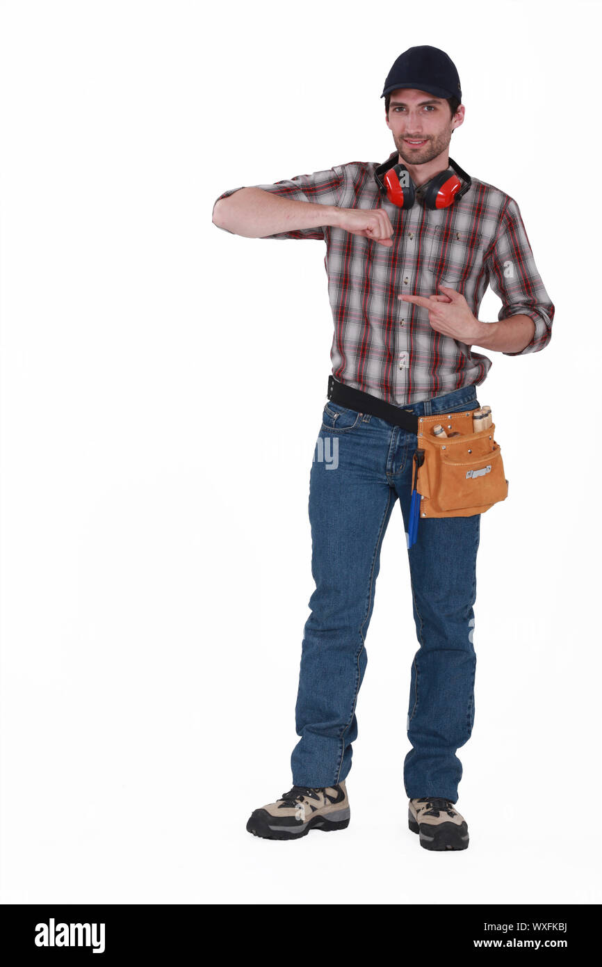 full-body portrait of handsome carpenter wearing cap Stock Photo - Alamy