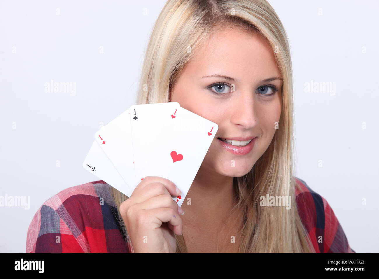 Girl showing cards Stock Photo - Alamy