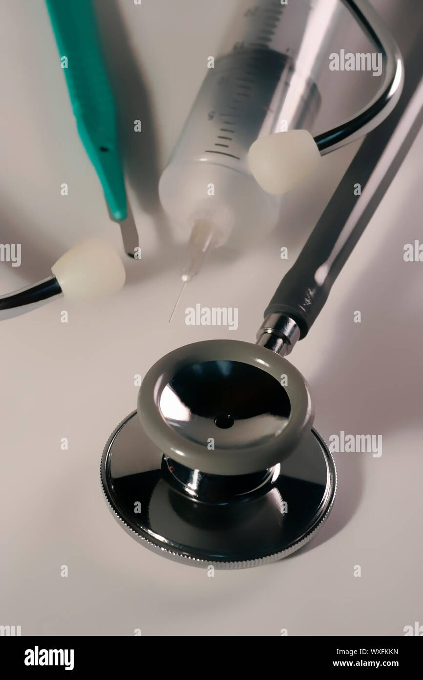 Photo of assorted tools used by medical doctor or physician Stock Photo ...