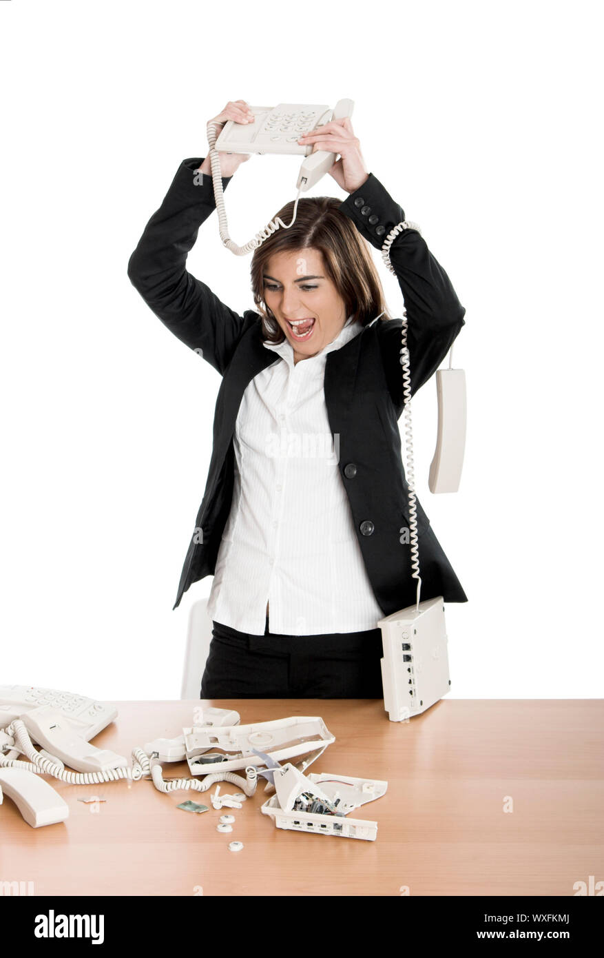 Busy woman working and answering a lot of calls at the same time Stock ...