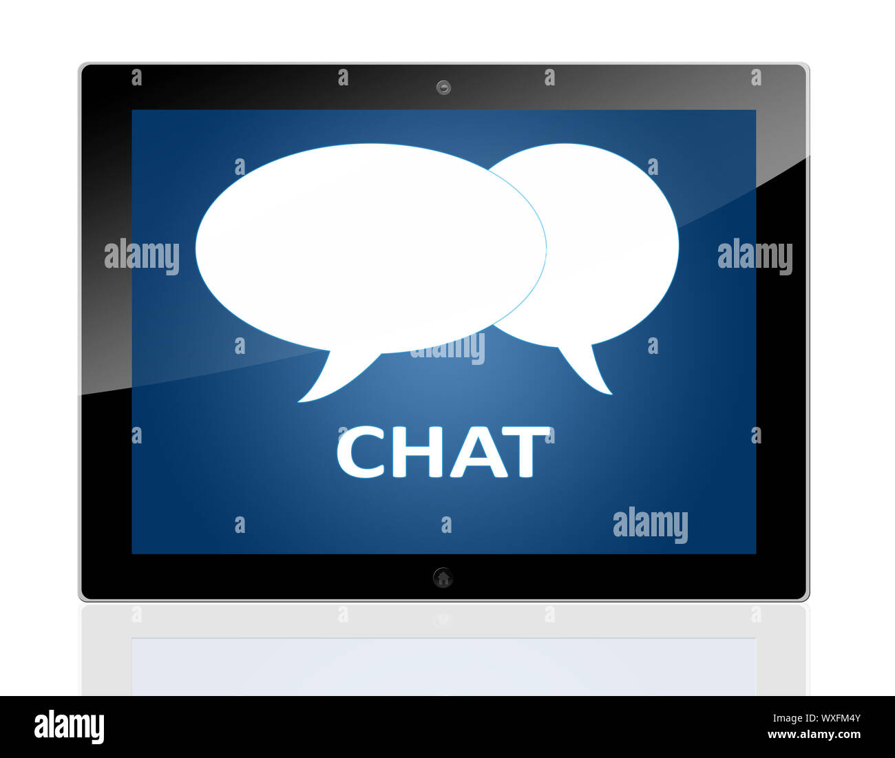 Tablet PC with chat symbols on blue background - isolated on white ...