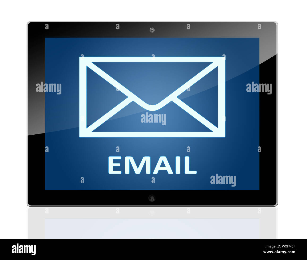 Tablet PC with a mail symbol and word email on blue background ...