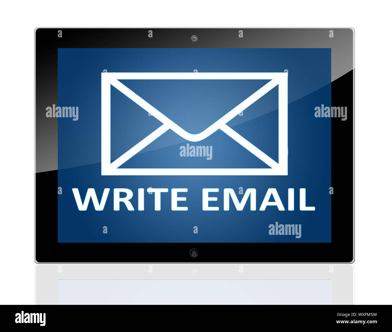 Tablet PC with a mail symbol and words write email on blue background ...