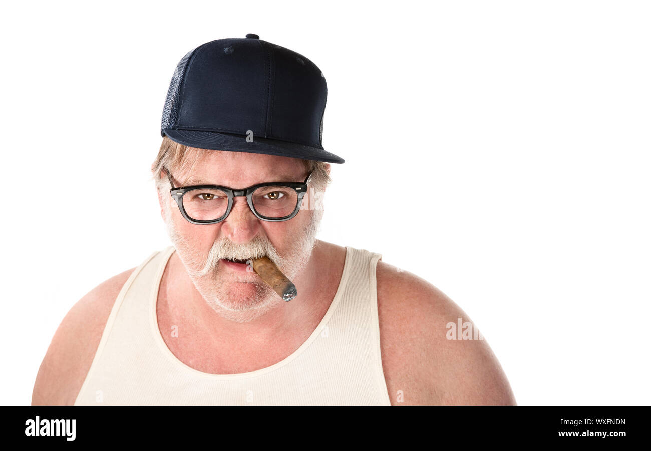 Large angry man in tee shirt on white background Stock Photo - Alamy