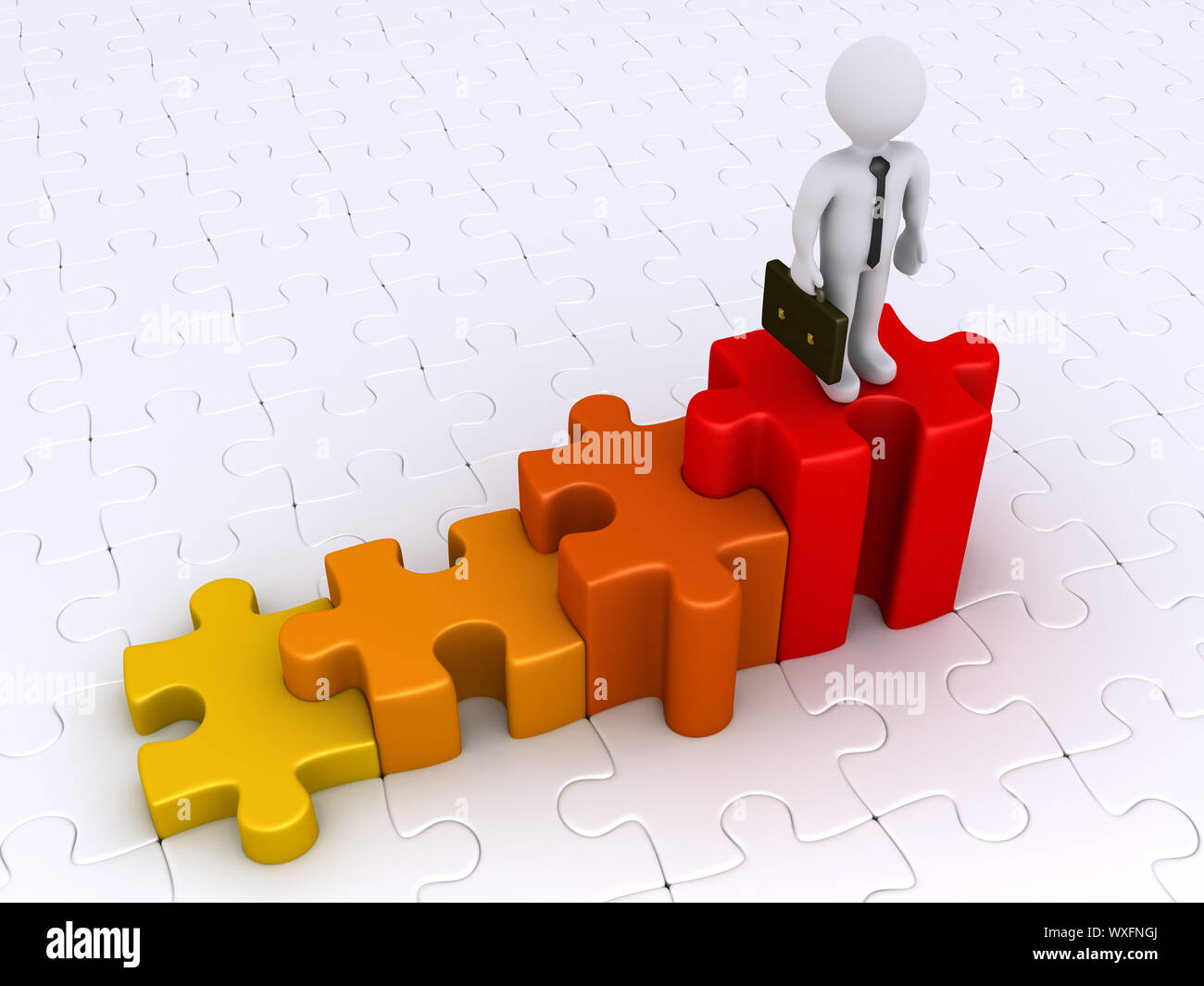 3d businessman is standing on top of stairs made from puzzle pieces ...