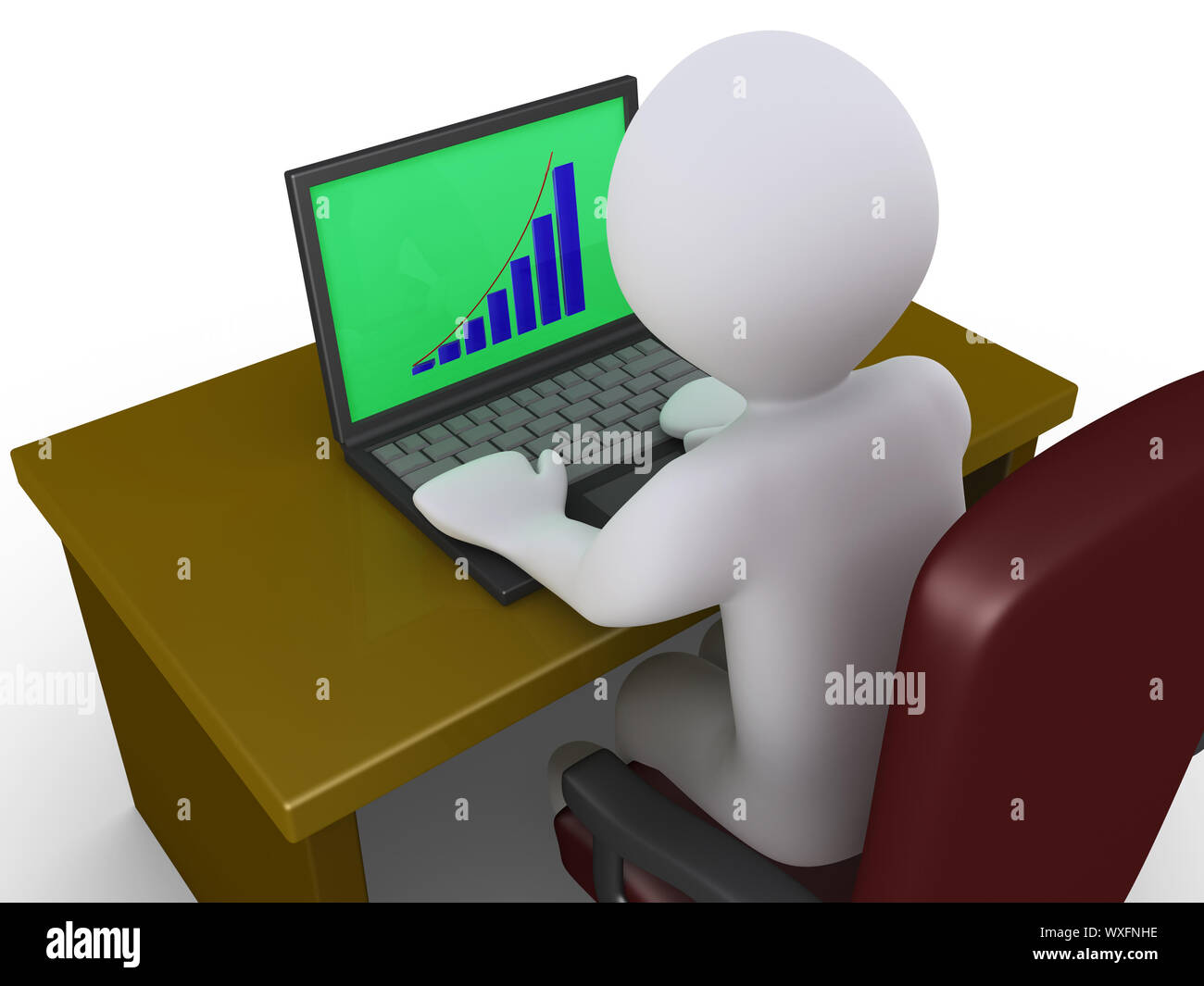 3d person sitting on a chair behind a desk is looking at laptop Stock ...