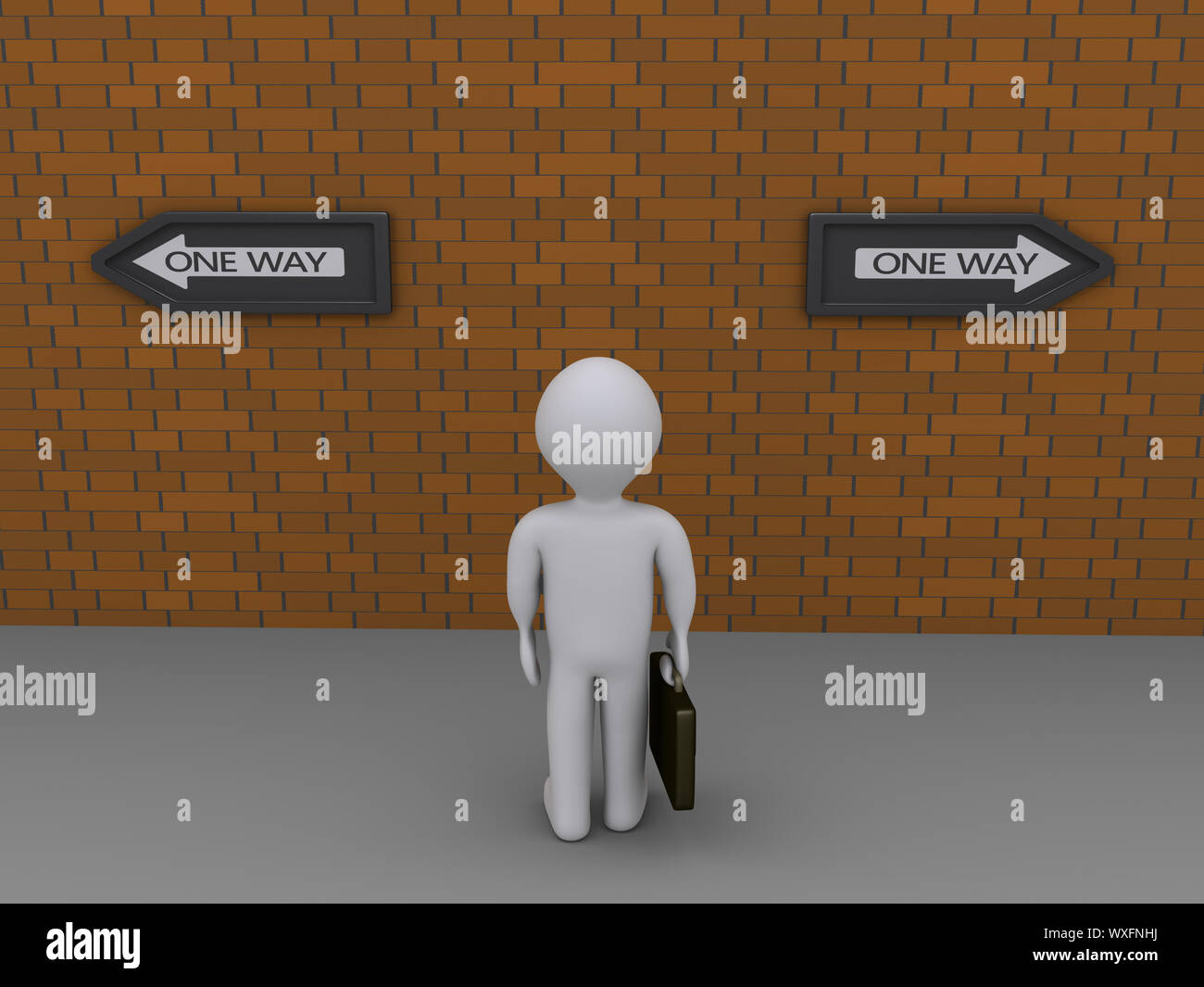 3d businessman is looking at signs pointing at different directions ...