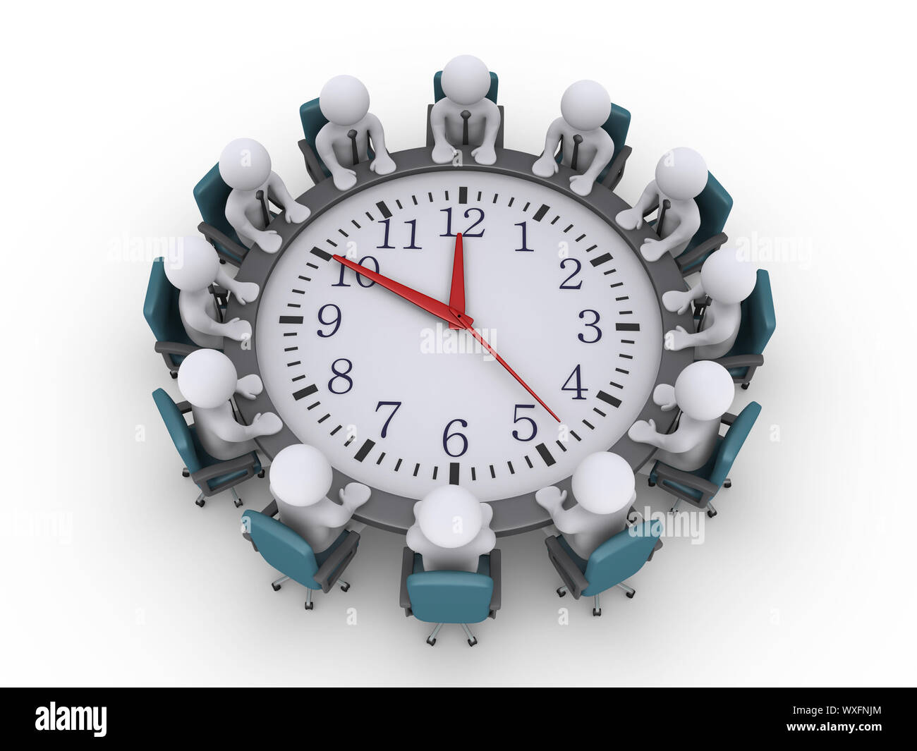 3d businessmen sitting around a clock used as table Stock Photo - Alamy