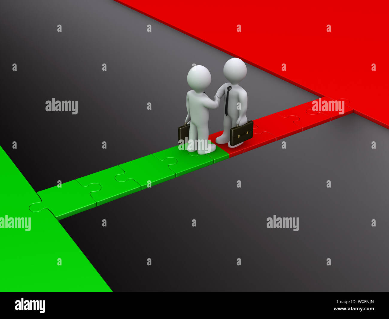 Two 3d businessmen shake hands on a puzzle bridge over gap Stock Photo ...